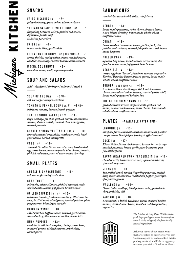 Menu | Long Road Distillers