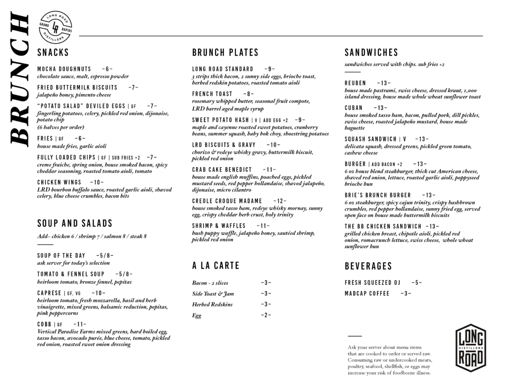 Menu | Long Road Distillers