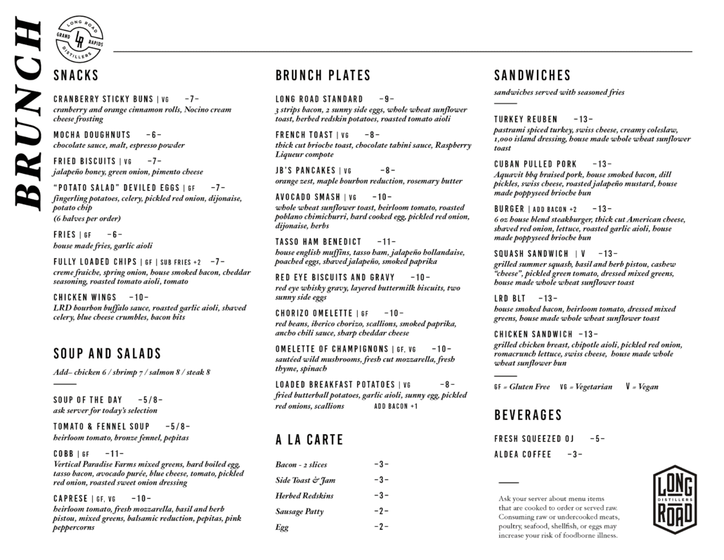 Grand Haven Menus | Long Road Distillers